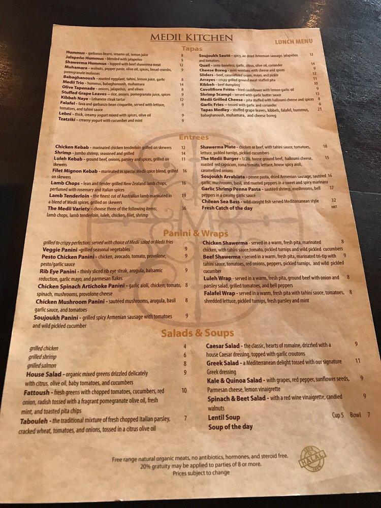 Menu at Medii Kitchen restaurant, Anaheim