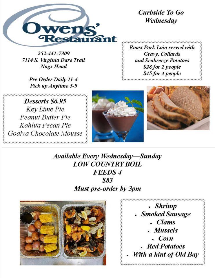 Menu at Owens' Restaurant, Nags Head