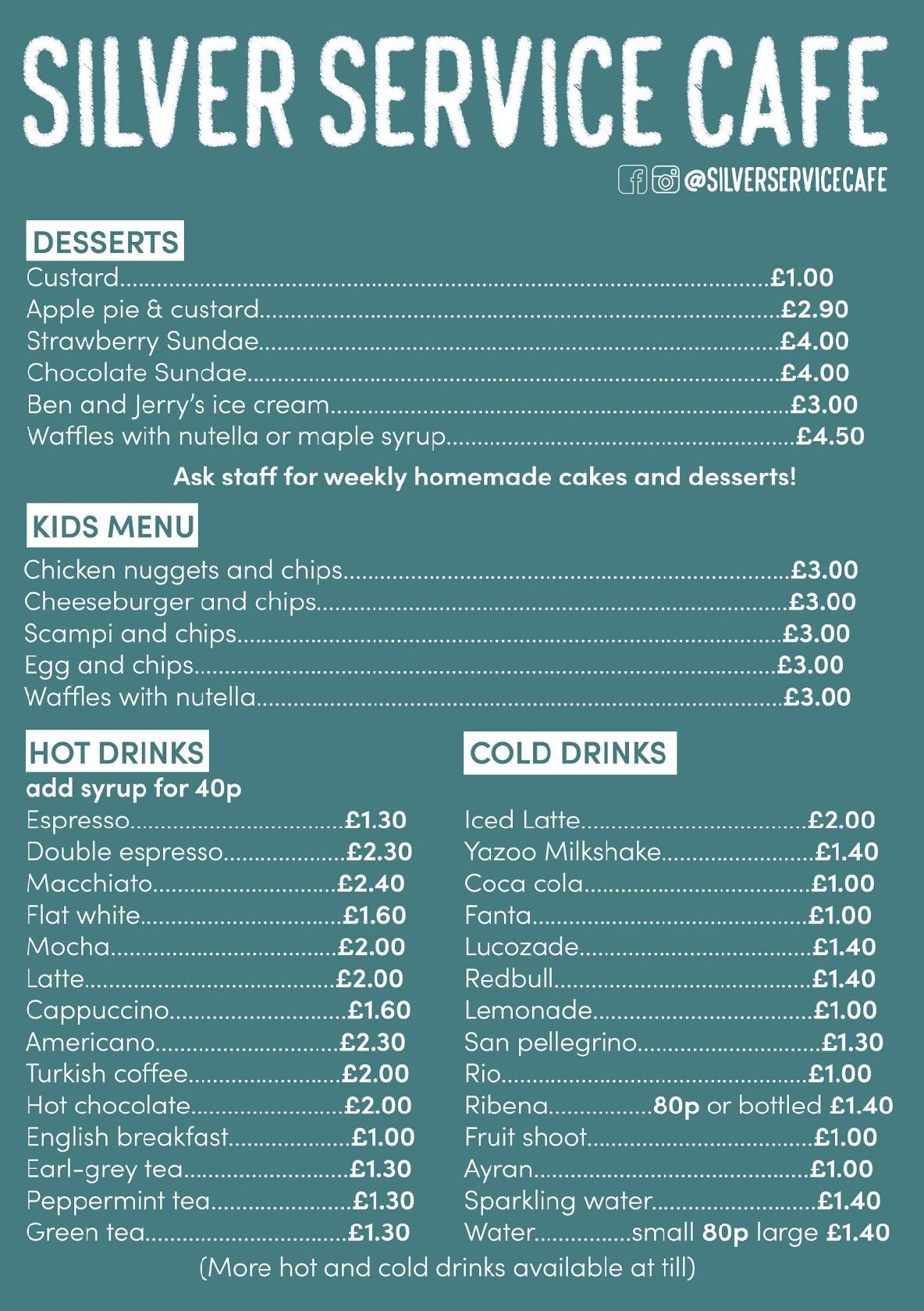 Menu at Silver Service Cafe, London, 16 Bittacy Hill