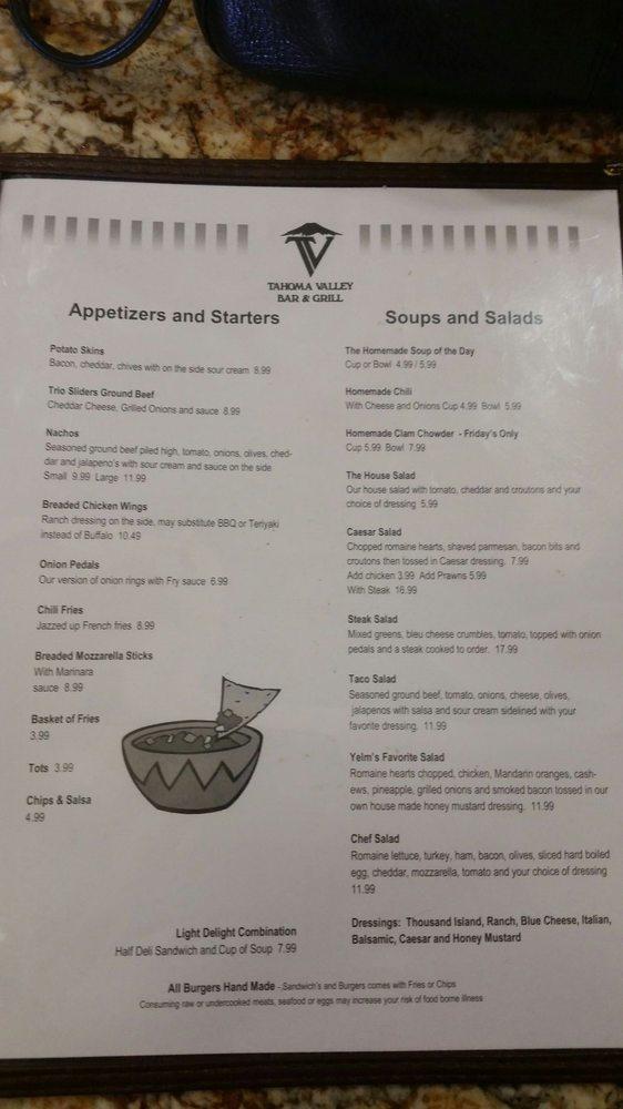 Menu at Tahoma Valley Bar & Grill, Yelm, Mosman Ave SW