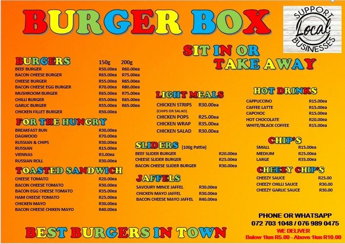 Menu au The Burger Box restaurant, Tzaneen