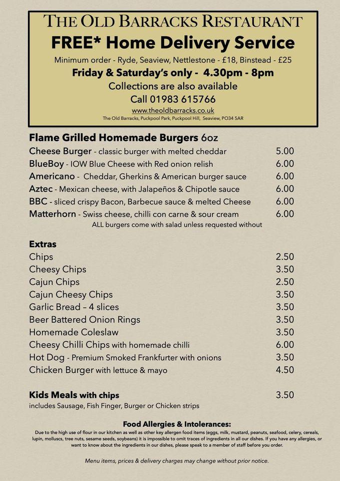 Menu at The Old Barracks, Seaview