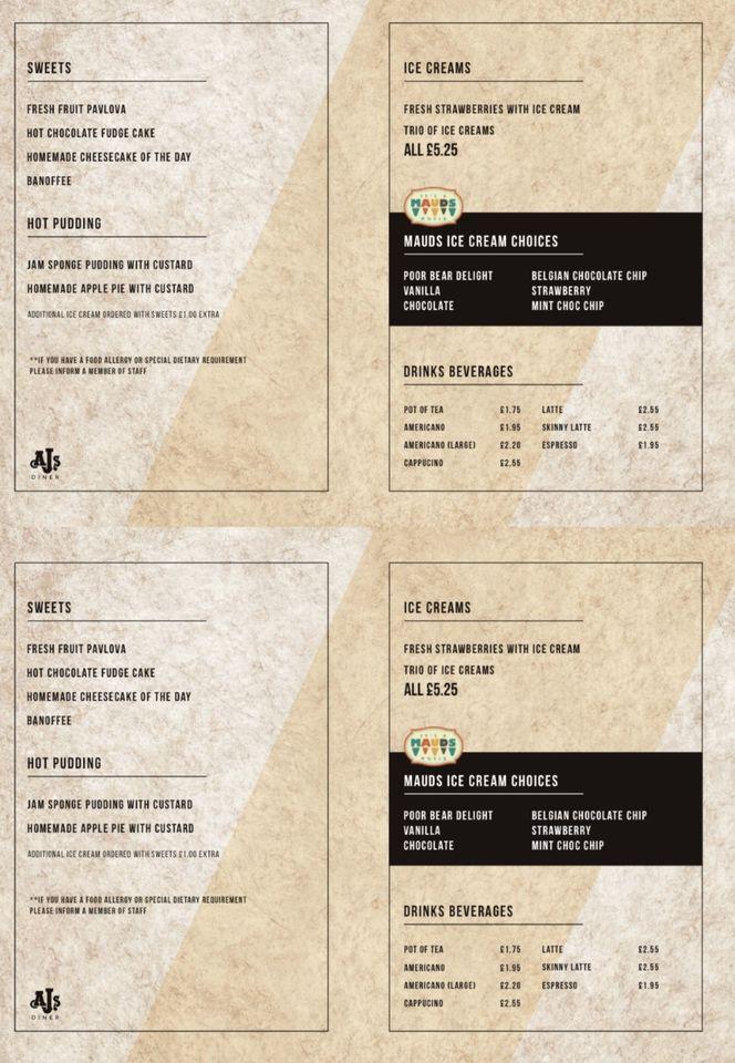 Menu at AJ's Diner restaurant, Crossgar