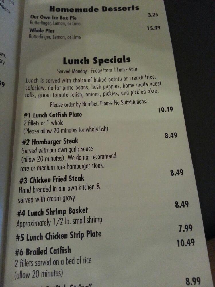 Menu at Catfish Sam's restaurant, Arlington