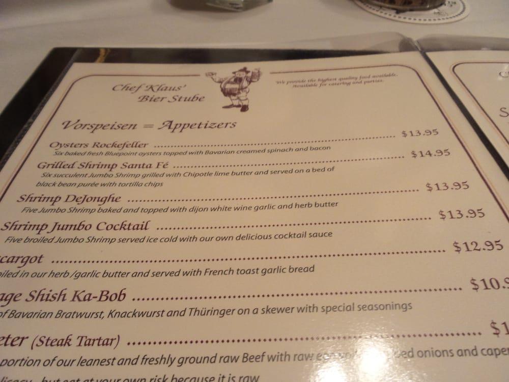 Menu at Chef Klaus' Bier Stube restaurant, Frankfort