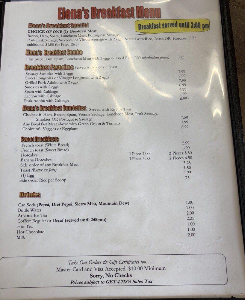 Menu at Elena's Restaurant, Waipahu, Tropicana Square Shopping Center
