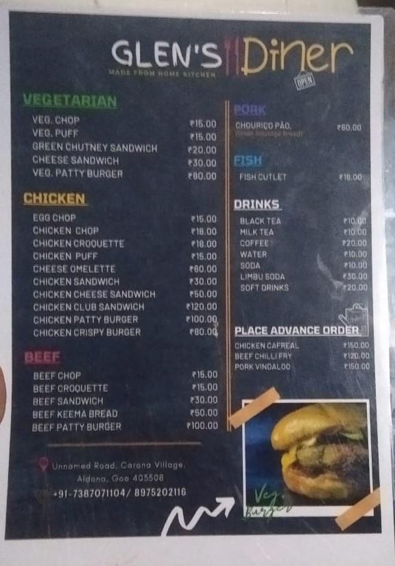 Menu at Glen's Diner, Aldona
