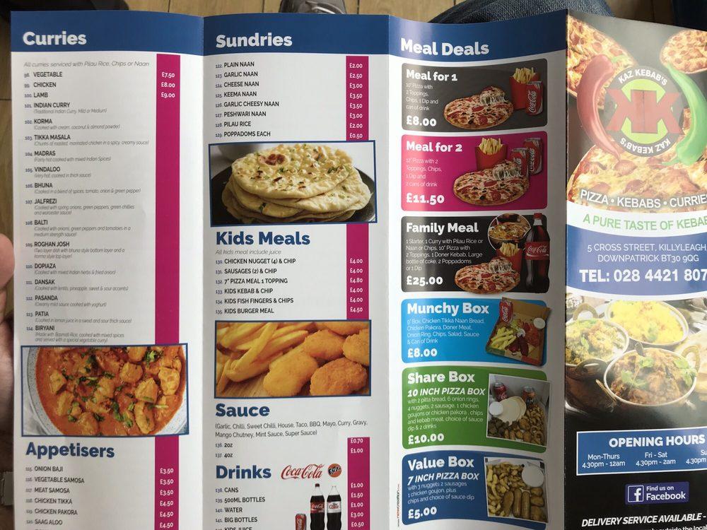 Menu at Kaz Kebabs pizzeria, Killyleagh