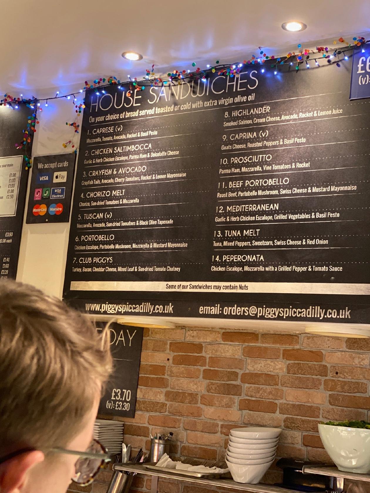 Menu at Piggy's Salads & Sandwiches cafe, London