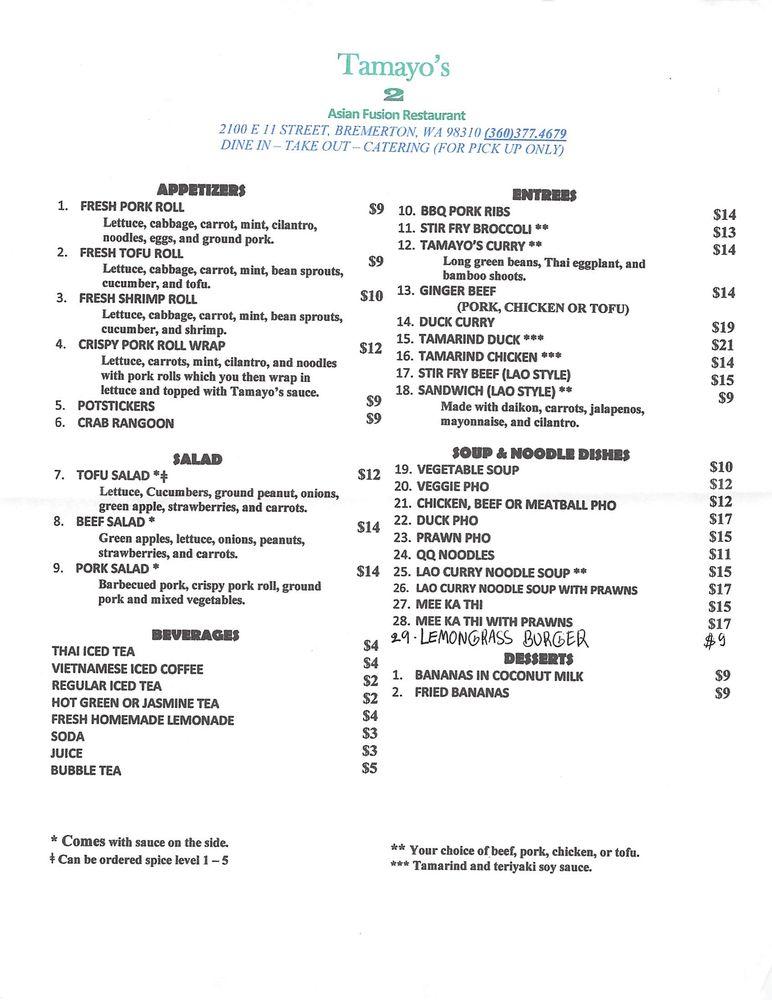 Menu at Tamayo's 2 restaurant, Bremerton