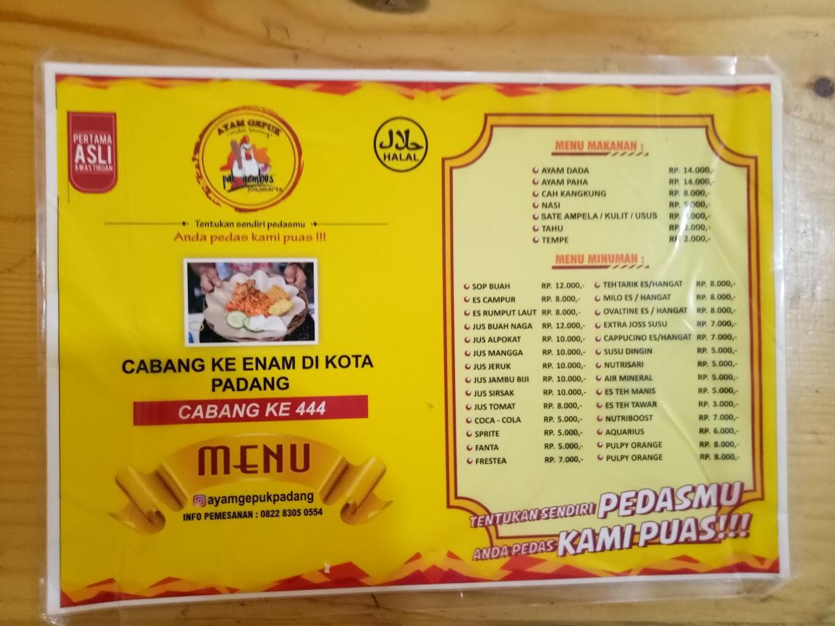 Menu at Ayam Gepuk Pak Gembus Padang restaurant, Padang, Jl. Jend. A ...