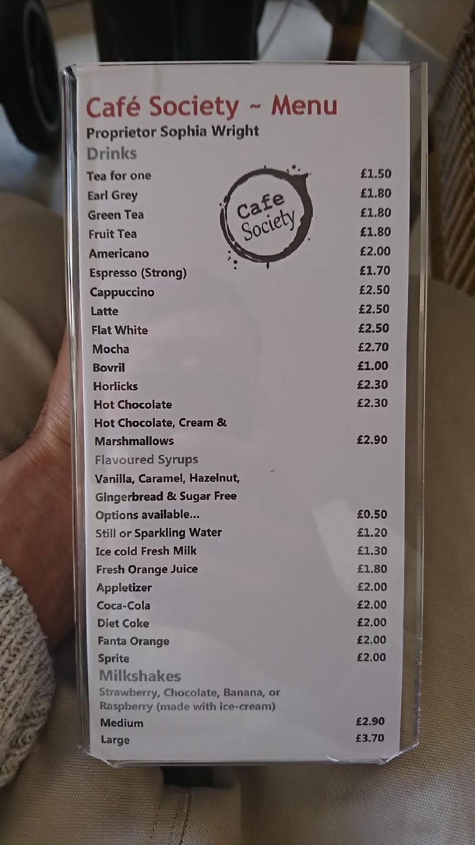 Menu at Cafe Society, Bridlington