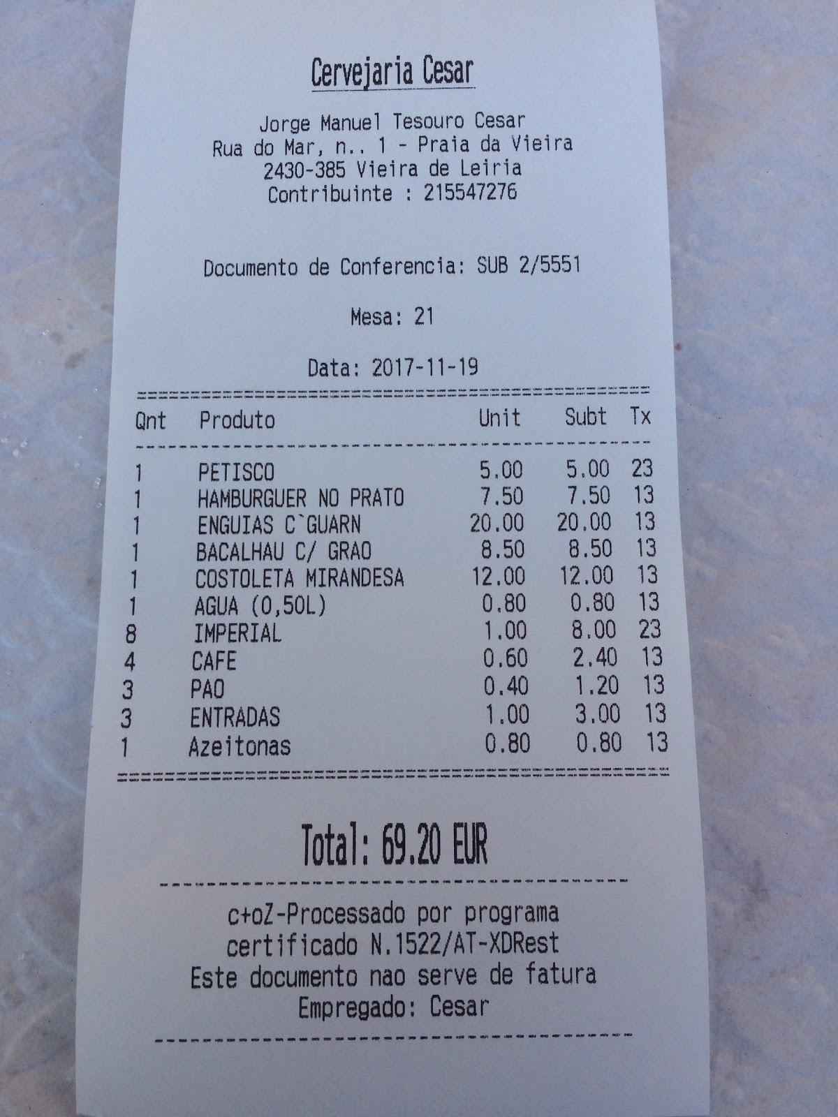 Menu em Cervejaria César restaurante, Vieira de Leiria