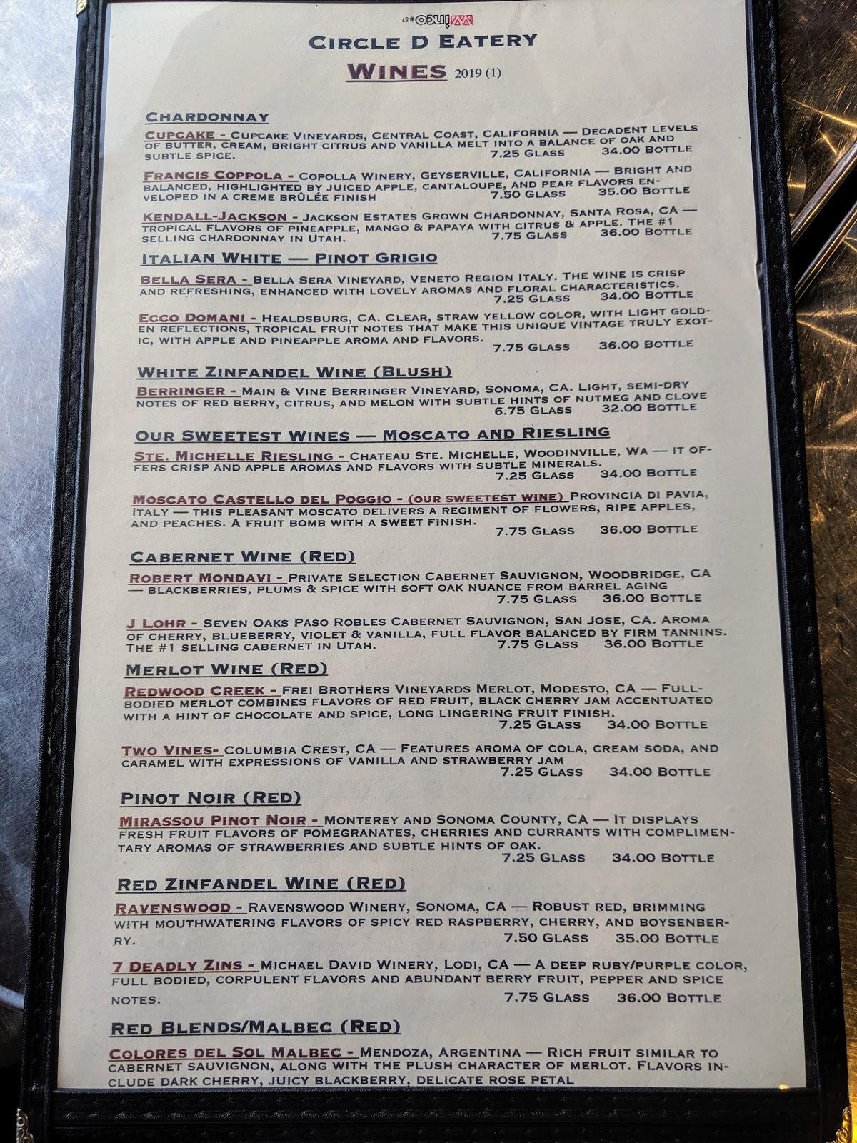Menu at Circle D Restaurant, Escalante