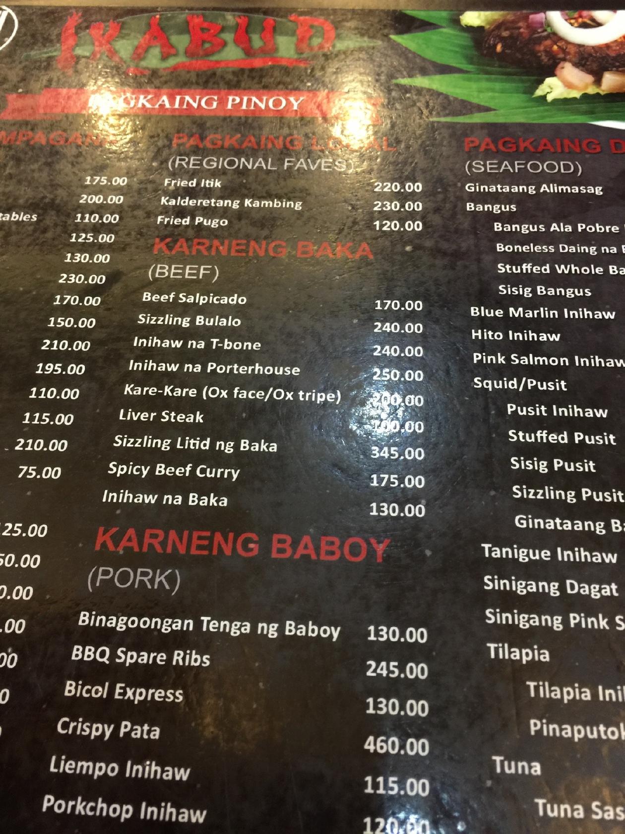 Menu at IKABUD restaurant, Tarlac City