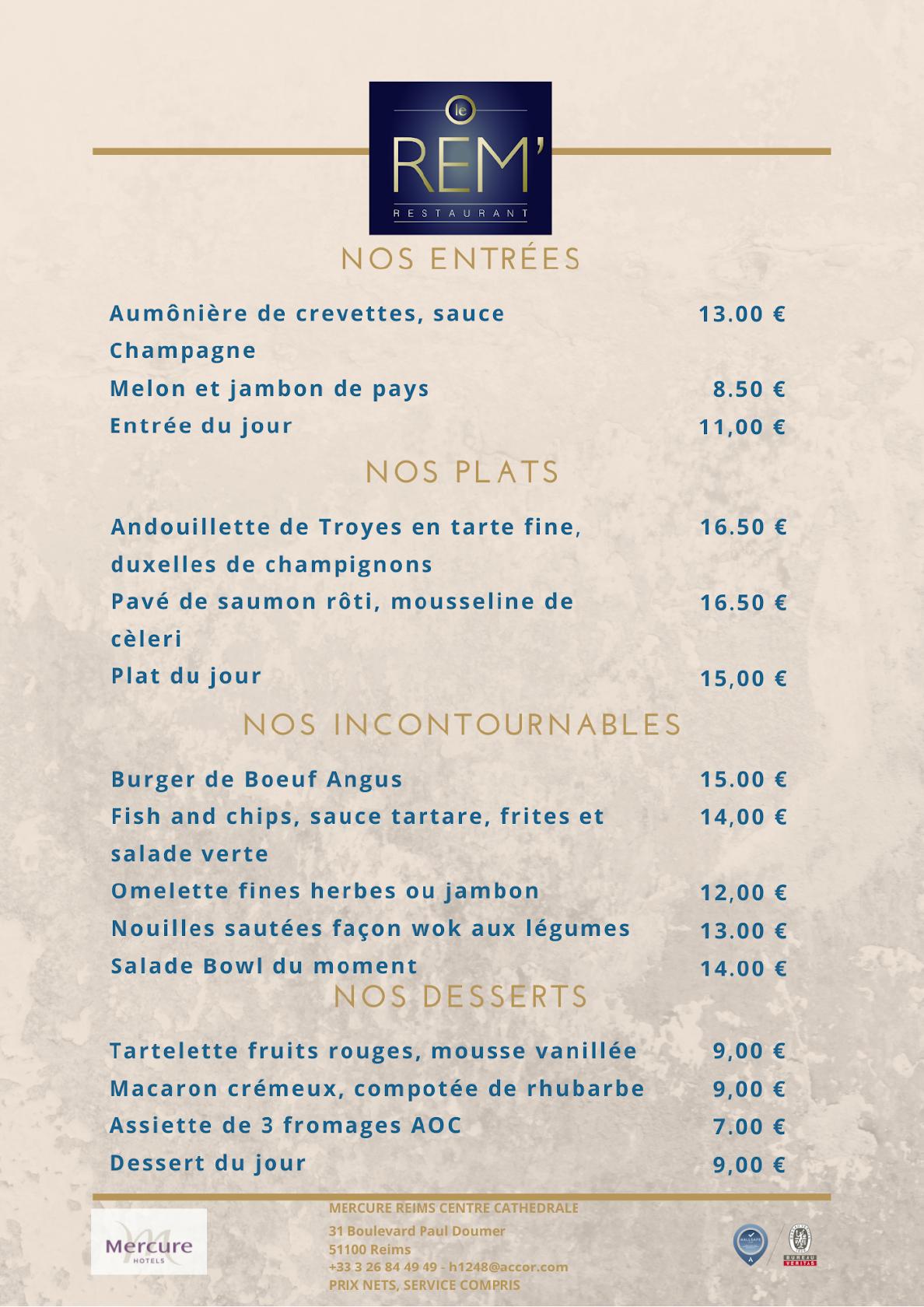 Menu au Le Rem' restaurant, Reims