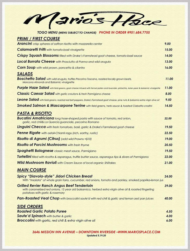 Menu at Mario's Place restaurant, Riverside, Mission Inn Avenue