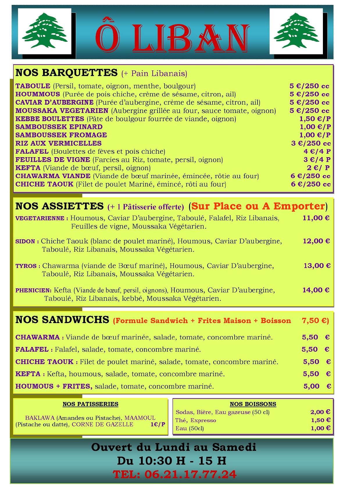 Menu at Ô liban restaurant, Perpignan