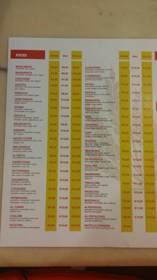 Menu at Pizzeria Sacro Cuore, Catania