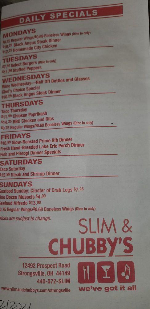 Menu at Slim & Chubby's Strongsville pub & bar, Strongsville, Prospect Rd