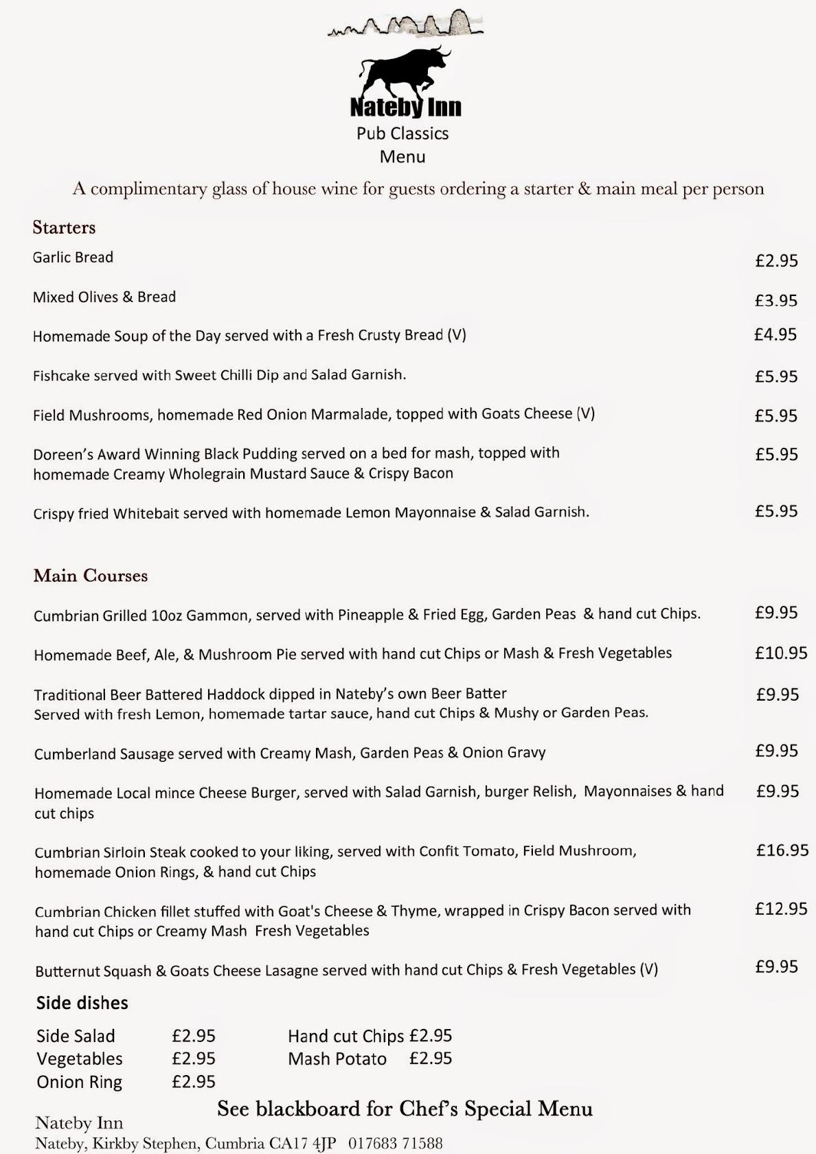 Menu at The Black Bull at Nateby pub & bar, Kirkby Stephen, Nateby Road