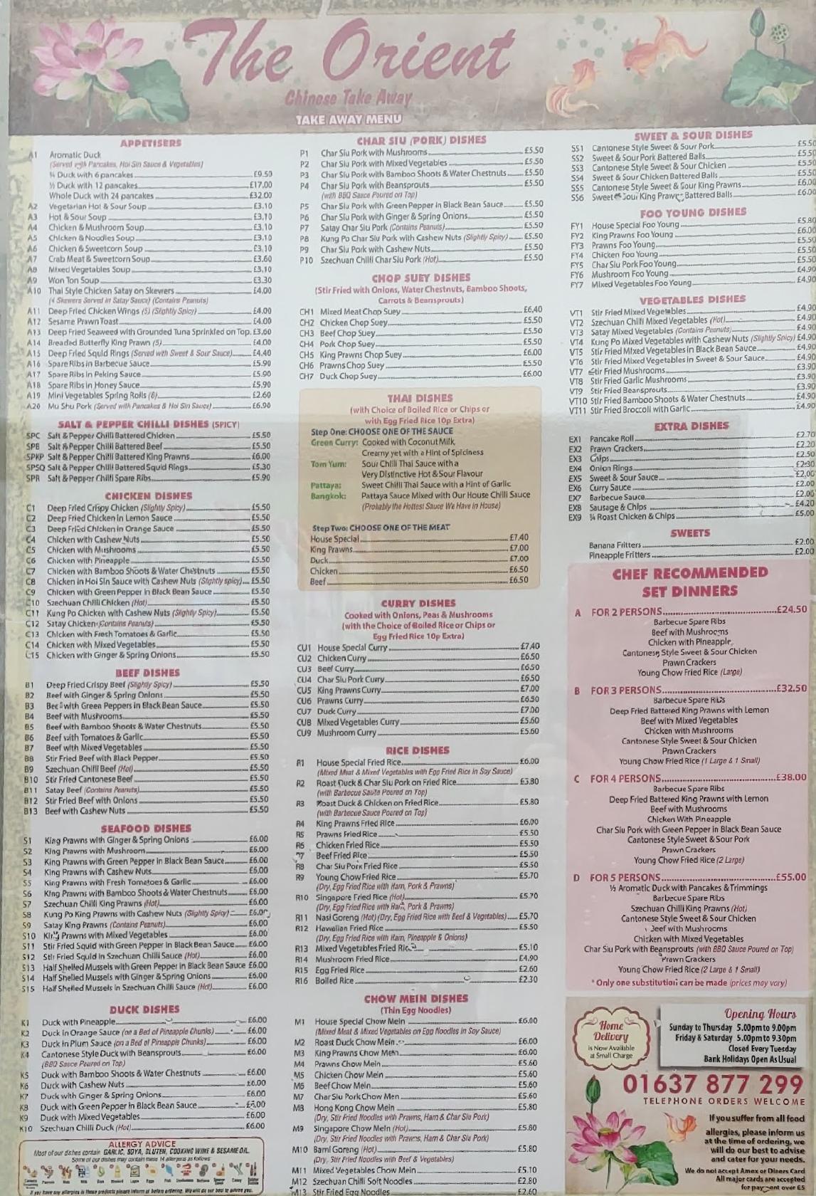 Menu at The Orient fast food, Newquay, 1 Station Approach