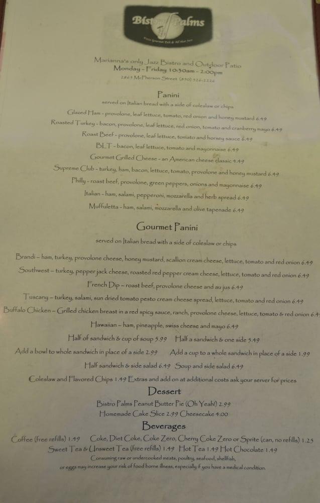 Menu at Bistro Palms pub & bar, Marianna, McPherson St