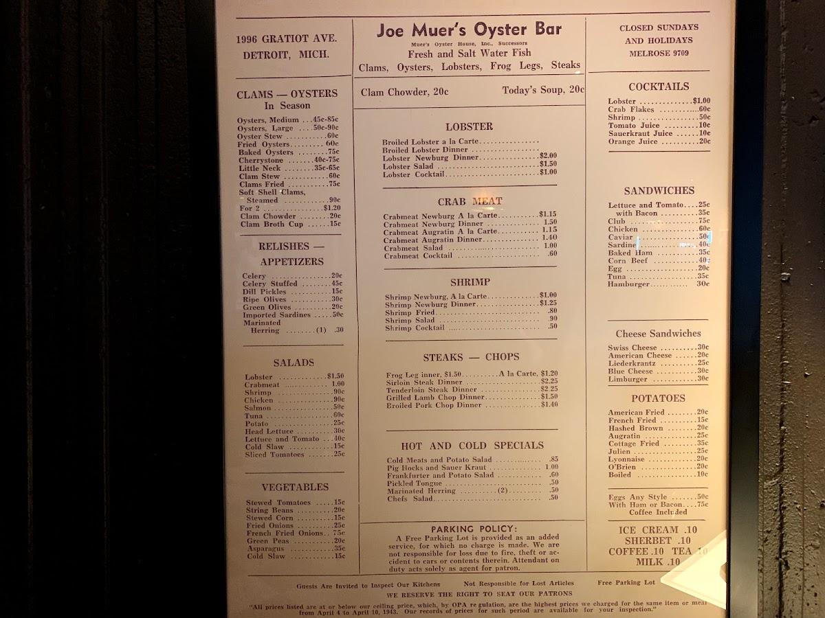Menu at Joe Muer Seafood restaurant, Detroit