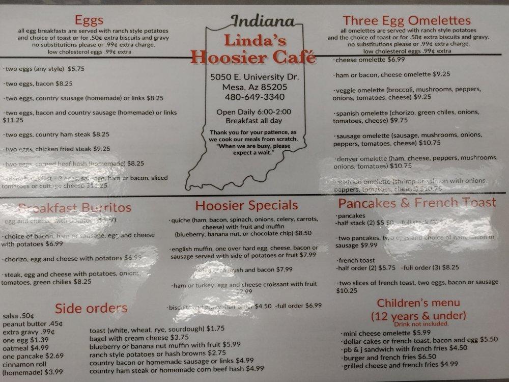 Menu at Linda's Hoosier Cafe, Mesa, E University Dr UNIT 101