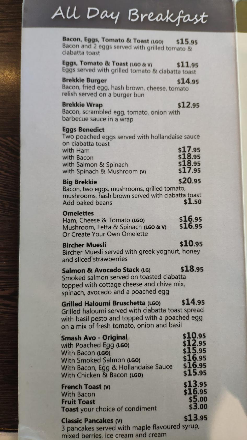 Menu at Ms Matildas cafe, Corio