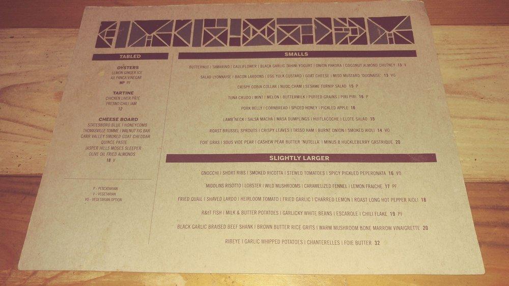 Menu at Rooster & the Till restaurant, Tampa