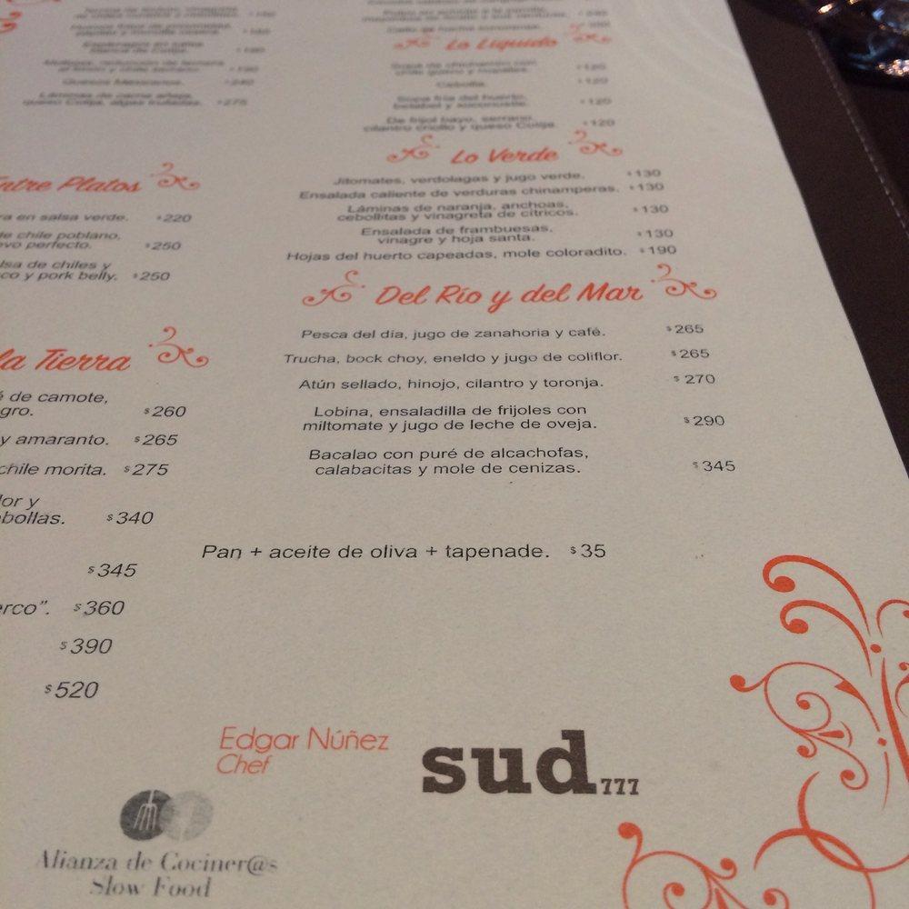 Carta del restaurante Sud 777, Ciudad del México