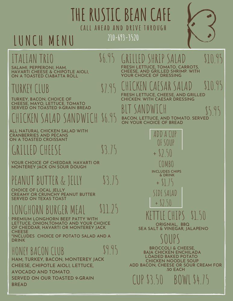 Menu at The Rustic Bean Cafe, Bulverde