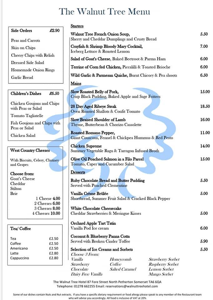 Menu at The Walnut Tree Hotel pub & bar, Bridgwater