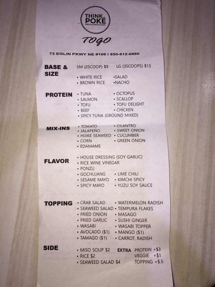 Menu at Think Poké desserts, Fort Walton Beach