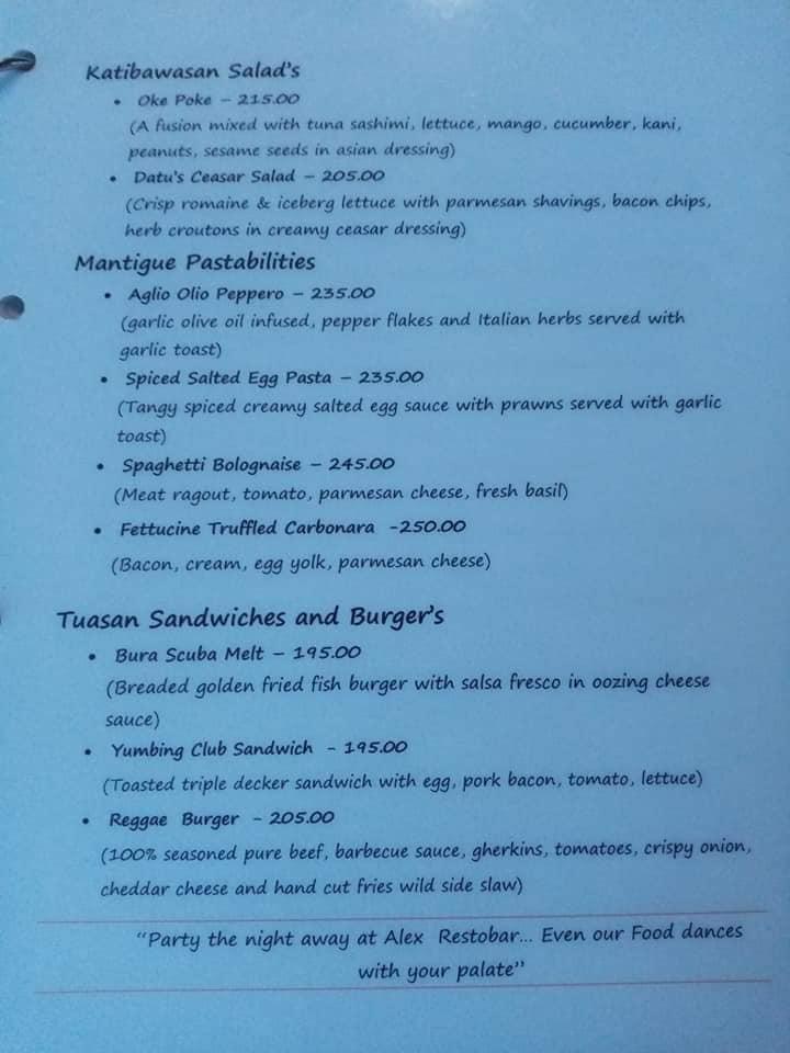 Menu at Alex Restaurant + Bar, Mambajao