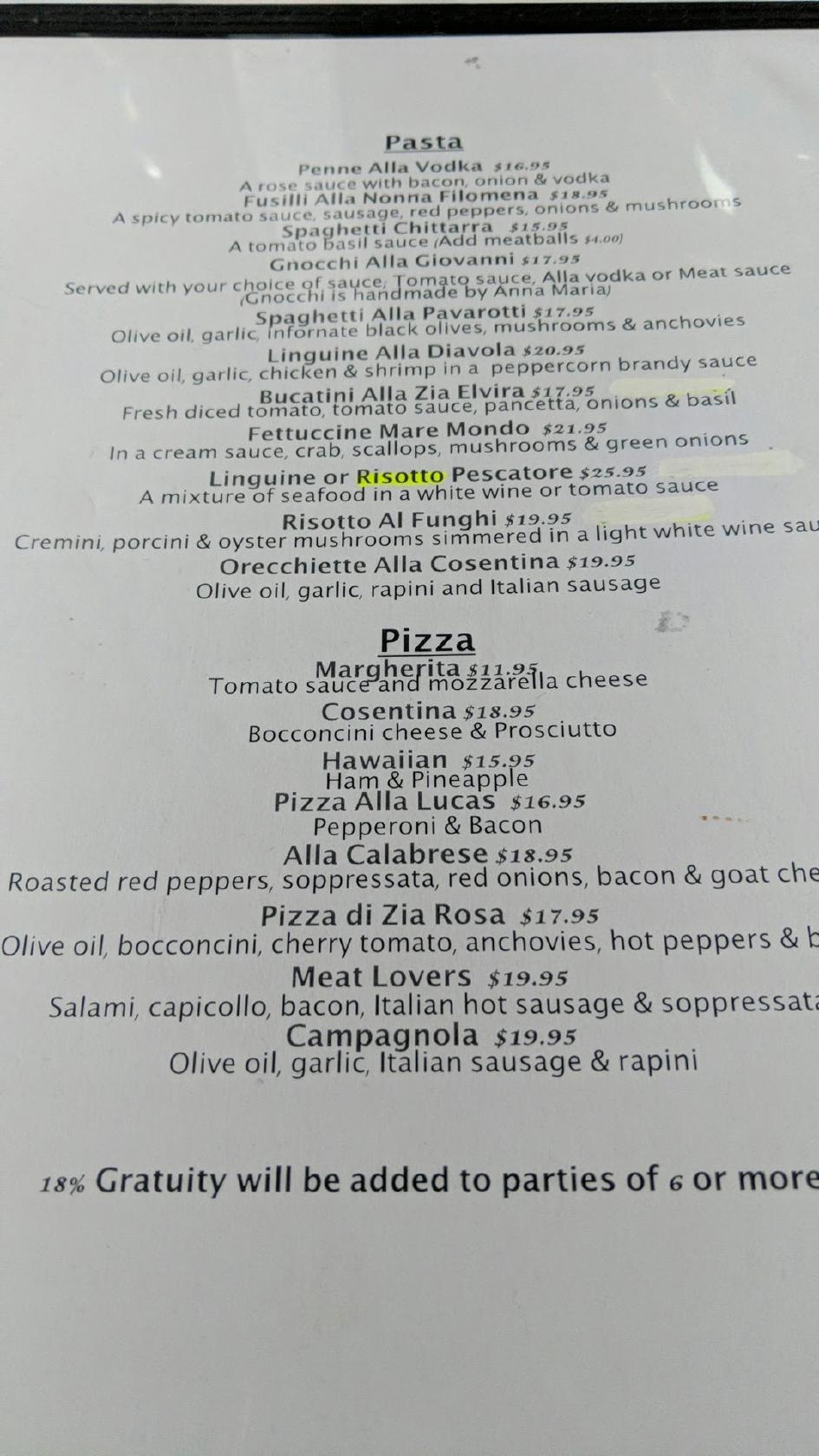 Menu at Anna Maria Trattoria restaurant, Vaughan
