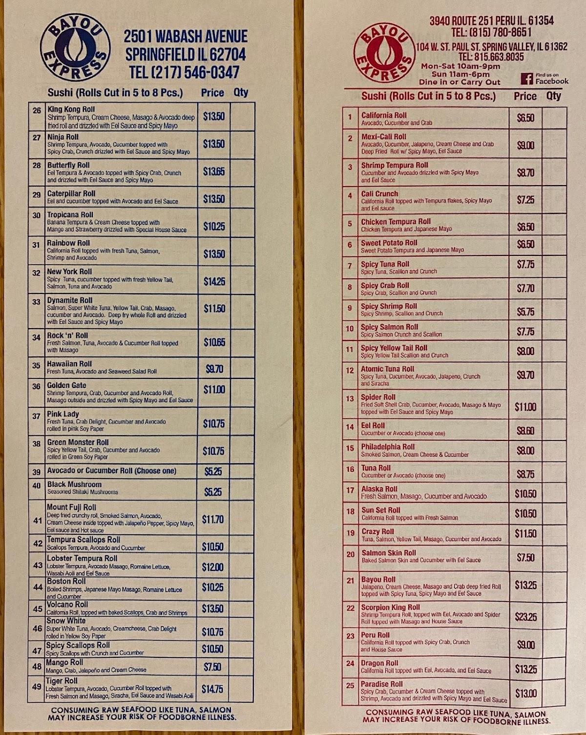 Menu at BAYOU EXPRESS restaurant, Spring Valley