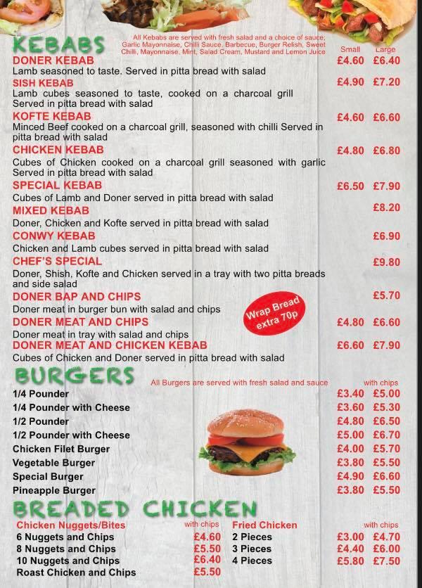 Menu at Conwy Kebab, Burger & Pizza House fast food, Conwy