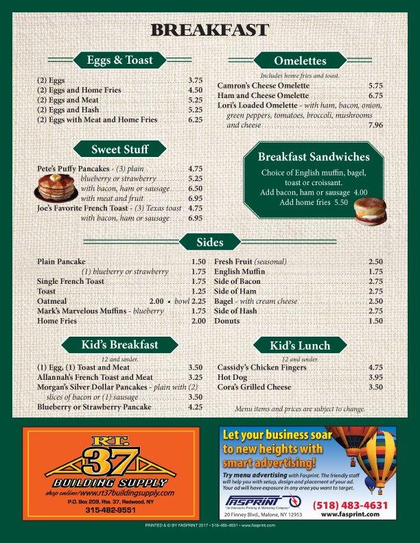 Menu at Cook's Family Diner restaurant, Philadelphia