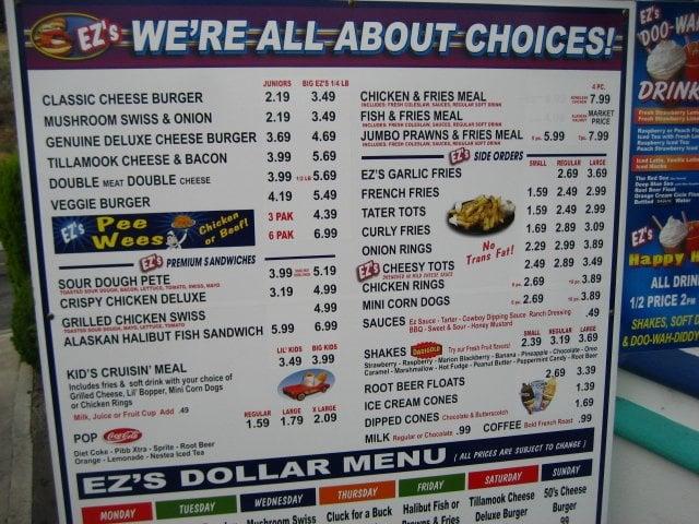 Menu at EZ's Burger Deluxe restaurant, Wenatchee
