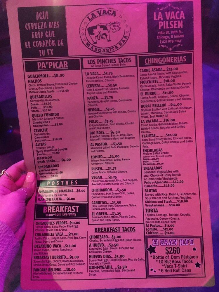 Menu at La Vaca Margarita Bar, Chicago, W 18th St