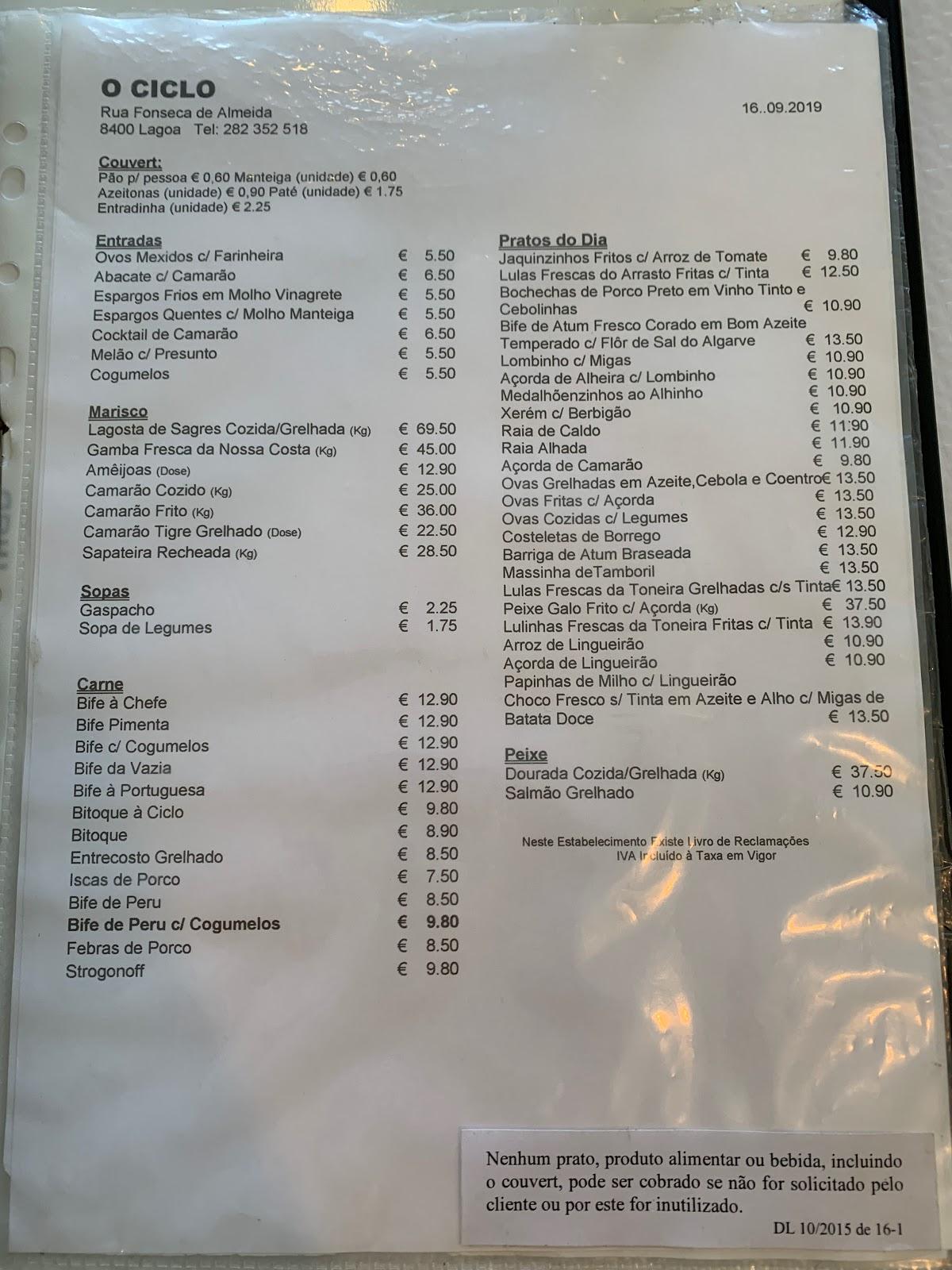 Carta del restaurante O Ciclo, Lagoa