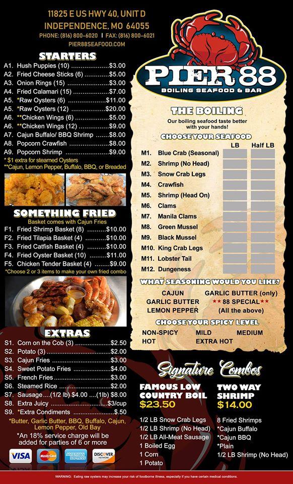 Menu at Pier 88 Boiling Seafood & Bar Independence, Independence