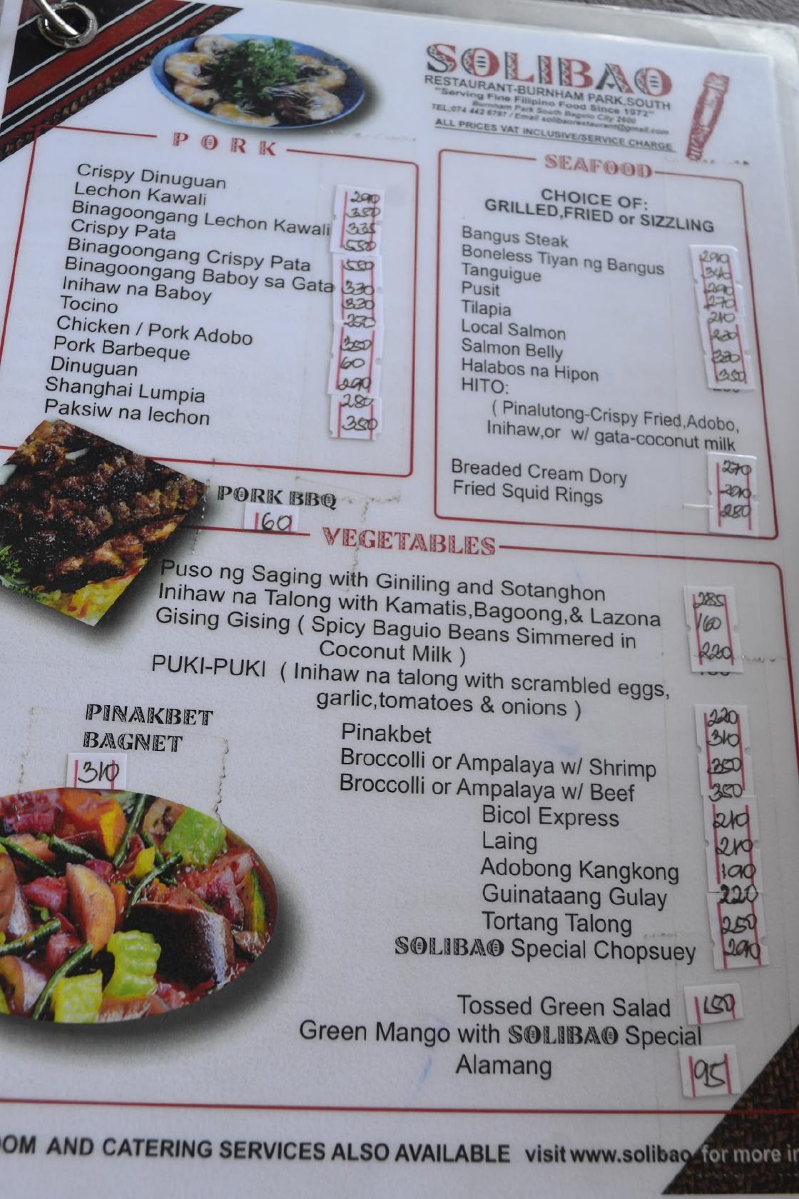 Menu at Solibao Restaurant, Baguio, Lake Dr