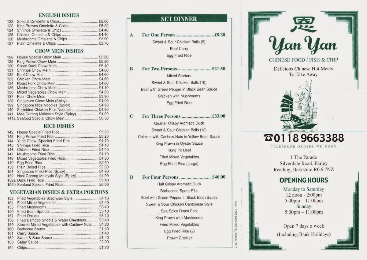 Menu at Yan Yan restaurant, Earley
