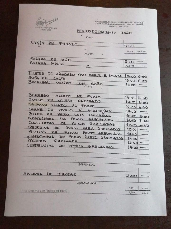 Carta del restaurante A Choupana, Evora, R. dos Mercadores 20