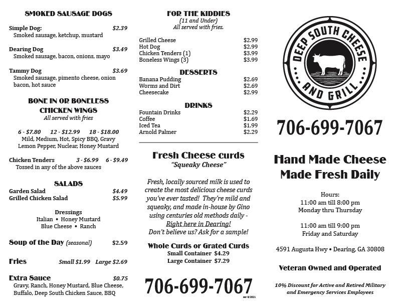 Menu at Deep South Cheese and Grill restaurant, Dearing