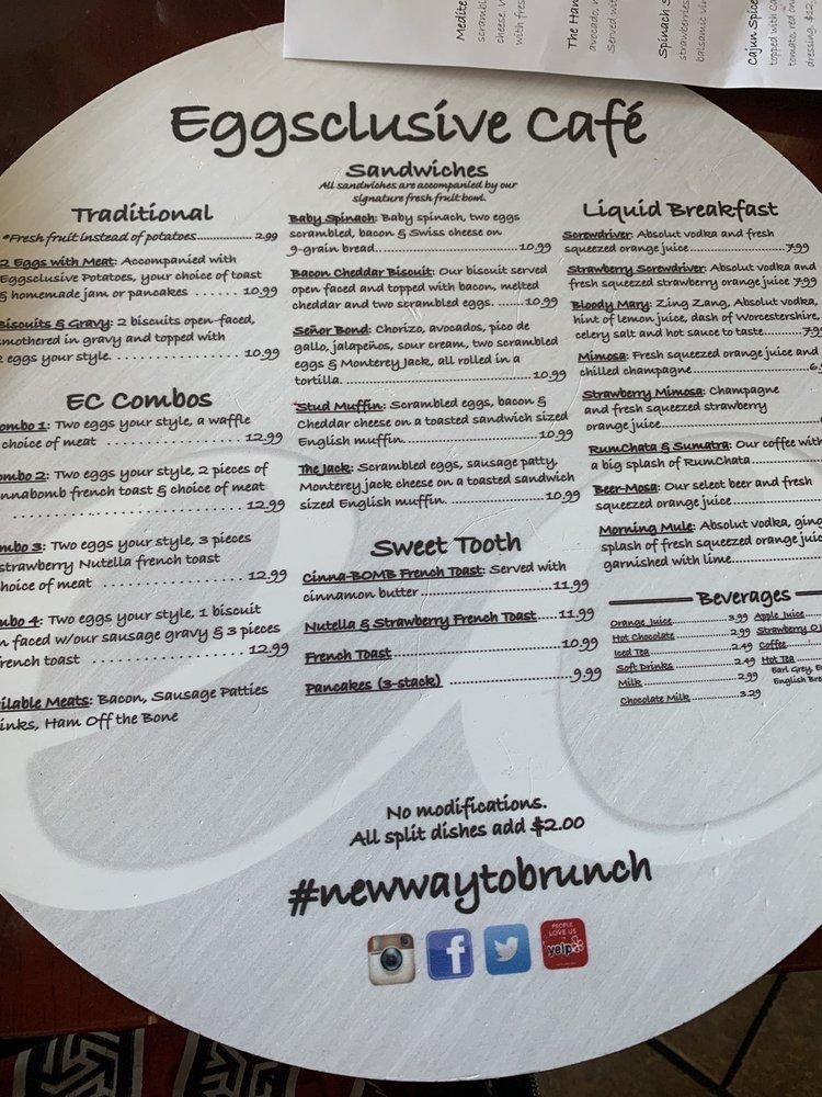 Menu at Eggsclusive Cafe, Sycamore