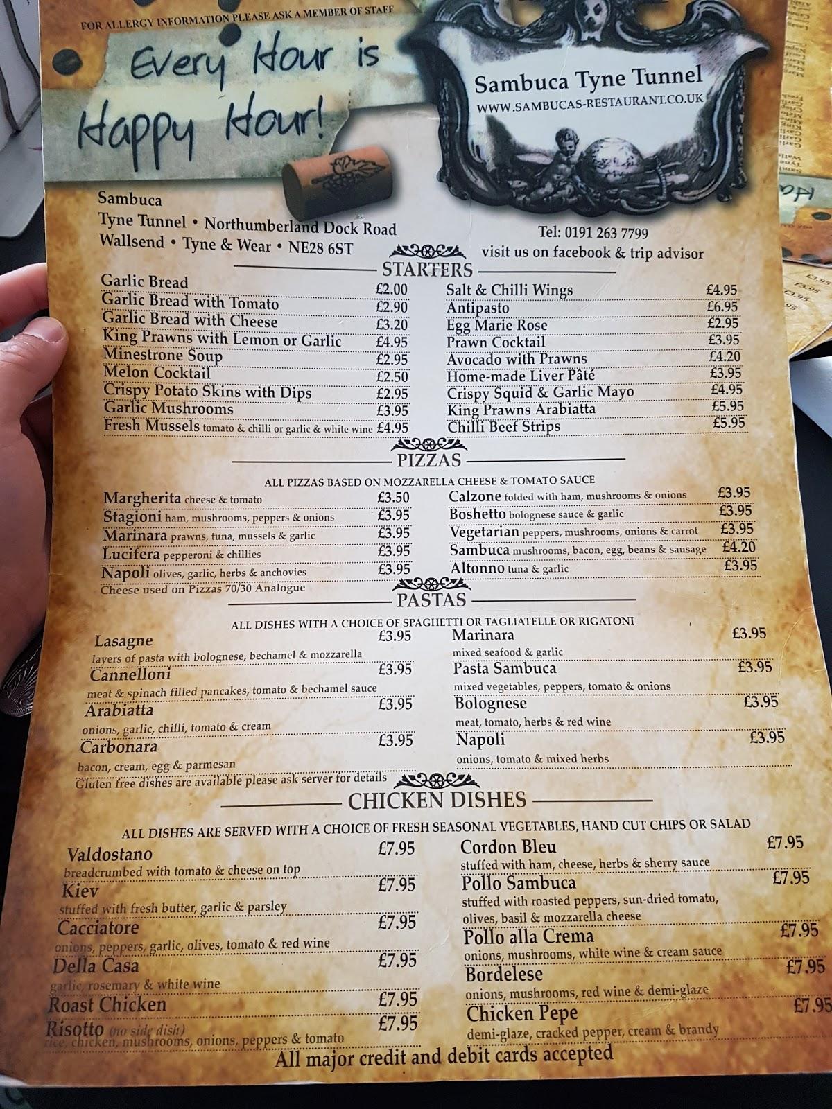 Menu at Sambuca - Tyne Tunnel restaurant, Wallsend